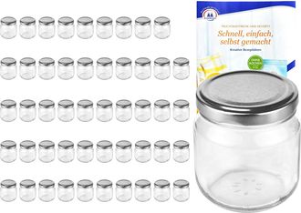 MamboCat 50er Set Rundgl&auml;ser 212 ml nieder Deckelfarbe Silber to 66 inkl. Diamant Gelierzauber Rezeptheft, Marmeladengl&auml;ser, Einmachgl&auml;ser, Einweckgl&auml;ser, Gl&auml;s