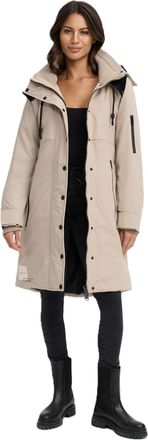 Marikoo Damen Winterjacke (S-3XL) - lange Form, gro&szlig;e abnehmbare Kapuze, Taillierungsband, warme Fleecetaschen, Warme Jacke Frauen - N032 (XL, Light-Taupe)