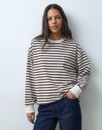 4th & Reckless T-Shirt mit aufgesticktem Logo, Rundhalsausschnitt, Oversize, Langarm, in Braun-Creme gestreift-Multi