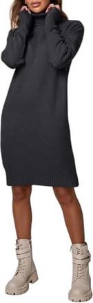 Minetom Robe Pull Femme Couleur Unie Chaud Manches Longues Pullover Col Roul&eacute; Robe Tricot&eacute; Longue Automne Hiver Chandail Midi Robe A Gris XL