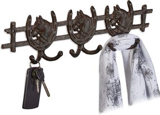 Relaxdays Garderobenleiste Pferd, Gusseisen, HxBxT: 11 x 36,5 x 3,5 cm, 6 Garderobenhaken, antikes Schlüsselbrett, braun