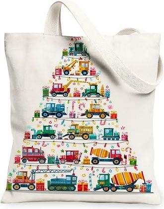 Generic Sacs fourre-tout en toile avec motif de v&eacute;hicules de No&euml;l, sacs d&eacute;picerie r&eacute;utilisables, l&eacute;gers et lavables avec bandouli&egrave;re pour, blanc, 13x15 Inch