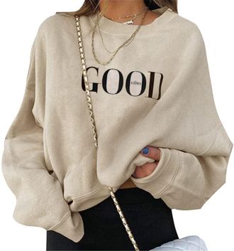 ORANDESIGNE Good Vibes Sweatshirts F&uuml;r Damen A Beige Lange &Auml;rmel Pullover Winter Rundhals Vintage Streetwear Oversized Briefe Drucken M&auml;dchen Sportbekleidung Casu