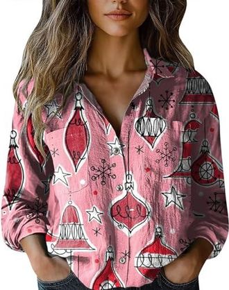 Generico Chemise Femme &Eacute;l&eacute;gant &agrave; Manches Longues Chemisier en Lin Coton D&eacute;contract&eacute; Grande Taille T Shirt Col en V Classique Blouse Vintage Fantaisie avec Bout