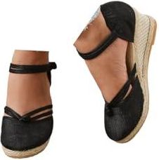Generic Espadrilles compens&eacute;es pour femme en maille respirante &agrave; bout ferm&eacute; Chaussures dos nu Chaussures plates tendance avec sangle de cheville, a noir, 38.5