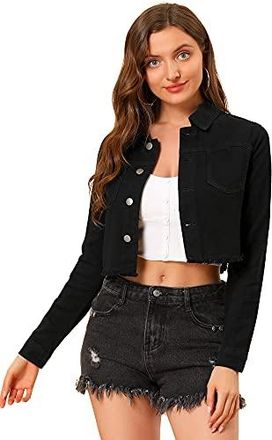 Allegra K Femmes Jean Veste Effiloch&eacute; Boutonn&eacute;e Washed Tondu Denim Veste Noir L