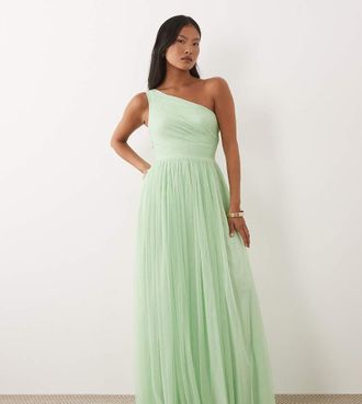 Lace & Beads Petite Robe longue asym&eacute;trique en tulle &agrave; taille ajust&eacute;e pour demoiselle dhonneur - Sauge clair-Vert
