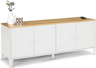 IDMarket Niedriges Sideboard 140 cm Ester 4 T&uuml;ren Metall wei&szlig; Holzplatte Industriedesign