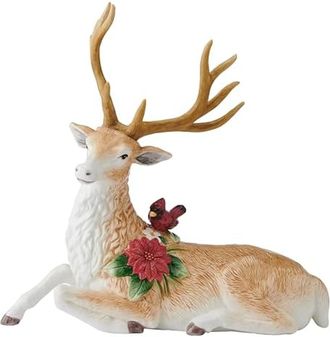 Fitz and Floyd Weihnachtsstern Urlaub ruhender Hirsch mit Kardinalfigur, weihnachtliche Keramik, saisonale Dekoration, 33,25 cm