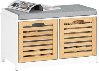 SoBuy Banc à Chaussures Avec Coussin Rembourré, Meuble Bas Dentrée En Panneaux mdf Et Bambou, 2 Portes Et 4 Compartiments, 71 x 35 x 43 cm, Capacité 133