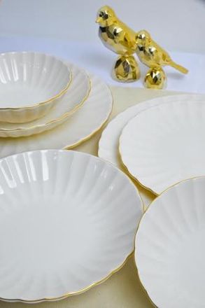 Hermia Elegant 24-Piece Dinner Set, 100% Porcelain, White & Gold | Includes Service Plates, Bowls, Dessert Plates | Microwave & Dishwasher Safe | Perfect for