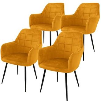 ECD Germany Set de 4X Chaises de Salle &agrave; Manger Moutarde, Style Moderne/Retro, Dossier et Accoudoirs Rembourr&eacute;e Aspect Velours, Pieds en M&eacute;tal Noir, Chaise Ergono