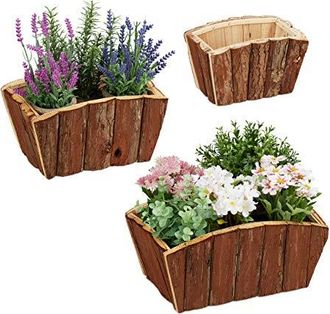 Relaxdays Blumenkasten 3er Set, nat&uuml;rliches Holz mit Rinde, Garten, Terrasse & Fensterbank, Deko zum Bepflanzen, Natur, 15 x 32 x 23 cm