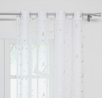 Joyswahl Voile Gardineschal Transparenter mit silberner Stern- und Mondmuster-Druck Vorhang Modern Dekoschal Fenstergardine mit &Ouml;sen, BxH 140x225cm