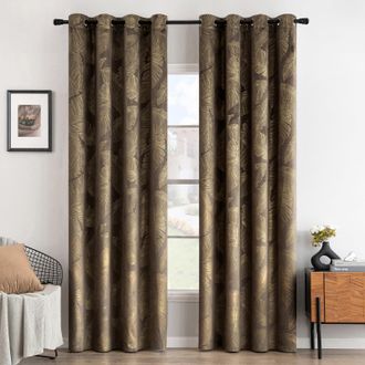 Miulee Samt Vorhänge Mit Goldfolie Blätter Muster, 2 Stück Taupe Gardinen Mit Ösen, 225 cm Hoch, Superweich Blickdicht für Deko Wohnzimmer Schlafzimmer, Schö