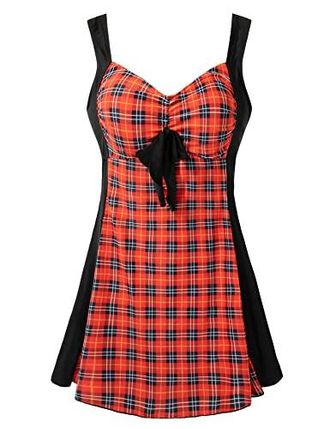 Wantdo Femme Tankini Maillot de Bain 1 Pieces Gainant Ventre Plat U Back Été Grande Taille Jupe de Natation Robe de Bain Slim Mode Plage Plaid Rouge 52-54