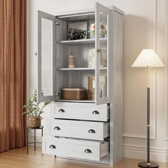 STILVORA Vitrine, Buffet Haut avec 2 Portes en Verre et 3 Tiroirs, Poign&eacute;es Cuivr&eacute;es, Style Moderne, en MDF, 80&times;34&times;171 cm, Bois