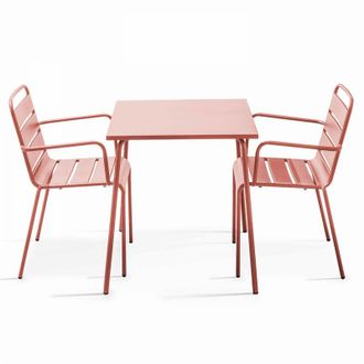 Oviala Ensemble table de jardin carr&eacute;e et 2 fauteuils acier argile - Palavas