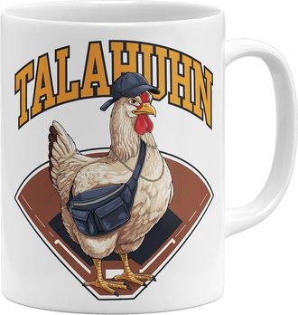 OM3 Talahuhn Kaffee-Tasse mit Spruch - Tala Huhn Meme Talahon Jugendwort Trend I | Keramik Becher | 325ml | Beidseitig Bedruckt | Weiss