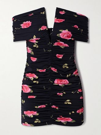 Magda Butrym Schulterfreies Minikleid Aus Stretch-jersey Mit Blumenprint Und Raffungen - Schwarz