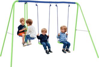 OUTSUNNY Schaukelgestell Kinderschaukel mit Wippe, 2 Schaukeln, Gartenschaukel mit verstellbarem Seil, Metallgestell Outdoor Schaukelgerüst für Kinder, Grün