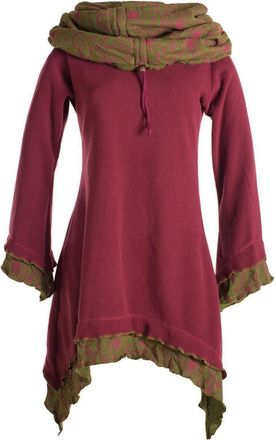 vishes Alternative Bekleidung - Lagenlook Zipfelkleid aus Eco Fleece mit Langen &Auml;rmeln und gro&szlig;em Kapuzenschalkragen dunkelrot 38-40