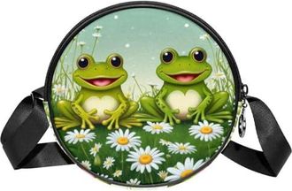Generic Petit sac &agrave; bandouli&egrave;re rond pour femme, motif grenouille p&acirc;querette, sac &agrave; dos avec fermeture &eacute;clair, bretelles r&eacute;glables, sac &agrave; main rond d&eacute;contract