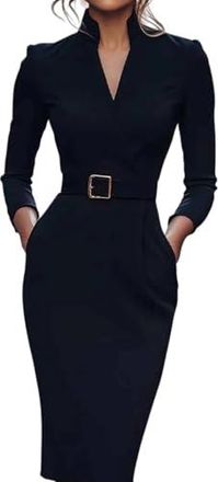 Generic Robe moulante &agrave; manches longues de style fran&ccedil;ais avec col en V et lacets pour femme Moda Robe d&eacute;v&eacute;nements dautomne, Noir, XL