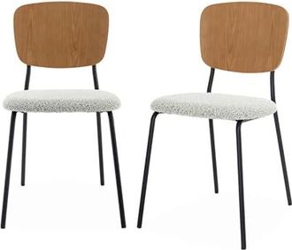 Sweeek Alices Home - Lot de 2 chaises Assise Bouclette texturée Blanche. Dossier Bois de peuplier courbé. Pieds en métal Noir Mat