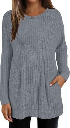 Generic Pull en tricot l&eacute;ger &agrave; manches longues pour femme - Haut classique en tricot avec poches - Tunique ample &agrave; col rond, gris fonc&eacute;, 3XL