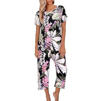 Generic Pyjama pour femme - Pantalon 7/8 - Deux pièces - Ensemble pyjama à manches courtes - Motif floral - Vêtement de nuit élégant - Léger et confortable - 