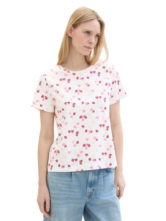 Tom Tailor Damen Basic T-Shirt mit Print, offwhite pink flower design, L