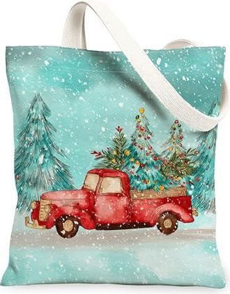 Generic Sacs fourre-tout en toile motif arbre de No&euml;l, motif camion rouge vintage, sacs d&eacute;picerie r&eacute;utilisables, rustiques, l&eacute;gers et lavables, Rouge, 13x15 I