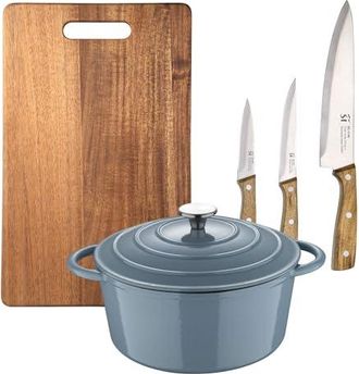 San Ignacio Kochtopf mit Deckel &Oslash; 25,5 x 12 cm aus Gusseisen Farbe Blau + 3 T&ouml;pfe aus Edelstahl + Schneidebrett 40 x 25 cm NOIA San Ignacio