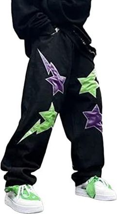 ORANDESIGNE N Violet Jean Hip Hop Homme Coupe Droite Vintage Denim Pantalons à Imprimé Étoiles Baggy Lâche Fit Jambe Droite Pantalon Rétro Y2K Streetwear Unisexe 