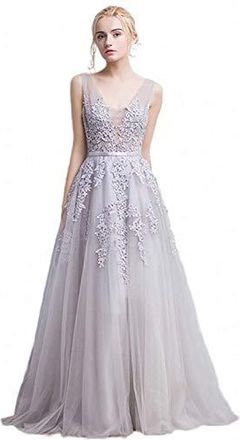 MisShow Robe pour Mariage Longue Femme Noble Invitée sans Manche Sexy Robe de Soirée Longue Vintage Ras au Sol Argenté 46