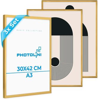 Photolini Bilderrahmen A3 30x42 cm Gold, 3er Set Kunststoff-Rahmen schmal, bruchsicheres Acrylglas, zum Aufhängen, extra Zubehör - Dokumentenrahmen für Urkunden