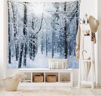 Abakuhaus Winter Wandteppich, Schnee bedeckte Wald, Wohnzimmer Schlafzimmer Heim Seidiges Satin Wandteppich, 200 x 150 cm, Blaugrau Wei&szlig; Schwarz