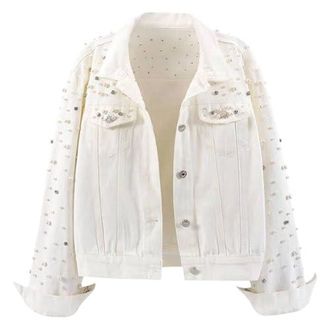 Generic Veste en jean courte pour femme avec perles et strass - Manches longues - Tendance - D&eacute;contract&eacute;e - Mode, blanc, XXL