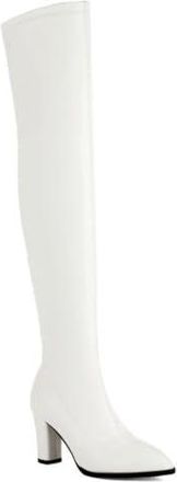 Generic Blanc,45 EU,Bottes Hautes en Cuir PU Extensible pour Femmes, Bottes au-Dessus du Genou, Fermeture éclair latérale, Talon épais, Bout Pointu, Style Rob