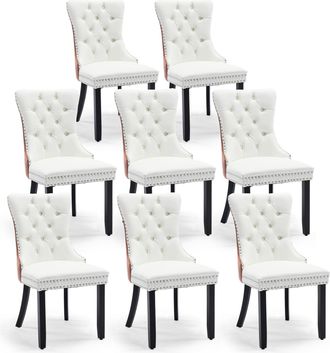 Generic Esszimmerstuhl-Set Aus Leder - Stühle Mit Hoher Rückenlehne, Knopfheftung Und Beinen Aus Massivholz(Leather-White/Pink,8)