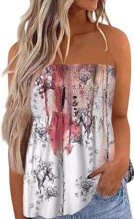 Generic Top Bandeau,Femmes Bustier Bandeau Tops Sexy Été Tunique sans Manches Chic T-Shirt Floral Debardeur Ample Pas Cher Haut Dos Nu Blouse Cadeau Femme,Rou