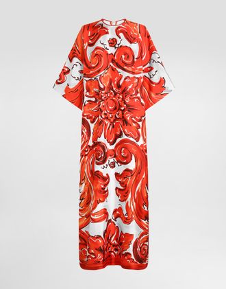 Dolce & Gabbana Langes Tunika-kleid Aus Twill Mit Majolika-print - Frau Kleider Mehrfarbig 40