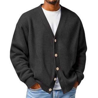 Generic Cardigan pour homme en tricot gaufr&eacute; textur&eacute; &agrave; manches longues, col en V, ouvert sur le devant, l&eacute;ger et d&eacute;contract&eacute;, Noir, XL