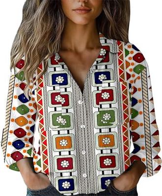 Generico Chemise Femme d&Eacute;t&eacute; Curvy &agrave; Manches Longues Chemises Coton Et Lin D&eacute;contract&eacute; Grande Taille T Shirt Col en V Mode Chemisier Vintage Fantaisie avec Bout