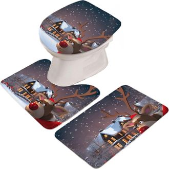 Generic Weihnachts WC-Garnitur 3-teilig | Matte Weihnachtsmann Rentier - rutschfest Badteppich Deckelbezug Sp&uuml;lkastenbezug Saugf&auml;hig