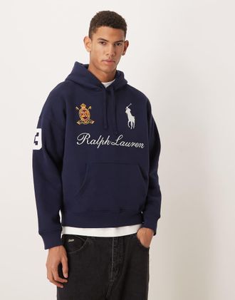 Polo Ralph Lauren Sweat &agrave; capuche en molleton &eacute;pais &agrave; inscription et grand logo poney - Bleu marine