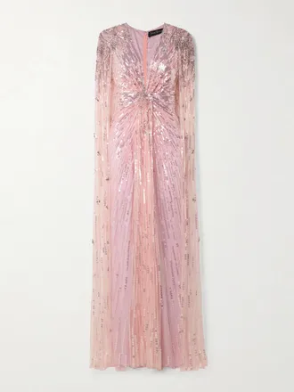 Jenny Packham Robe Du Soir Effet Cape En Tulle À Ornements Gold Rush - Rose