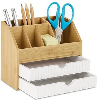 Relaxdays Schreibtisch Organizer, Schubladen & F&auml;cher, HxBxT: 19 x 24 x 14 cm, Bambus & MDF, B&uuml;roaufbewahrung, Natur/wei&szlig;