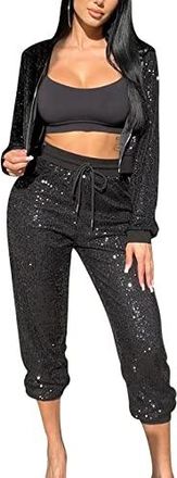 Generic Pantalon m&eacute;tallique &agrave; paillettes dor&eacute;es pour femme - Pantalon long argent&eacute; &agrave; paillettes - Taille haute - Pantalon de jogging baggy - Pantalon d&eacute;t&eacute; pou